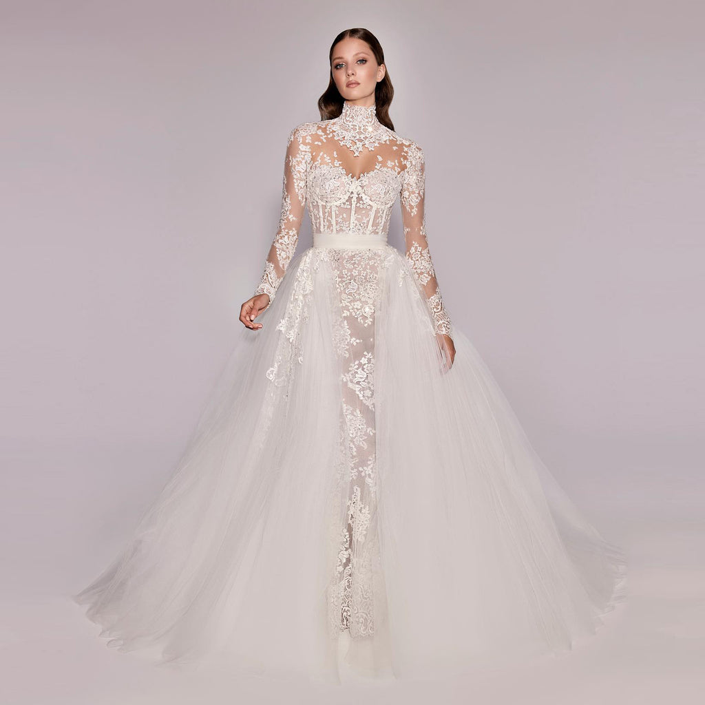 Luxury High-Neck Sheer Lace Train Wedding Dress with Overskirt SW545 ...