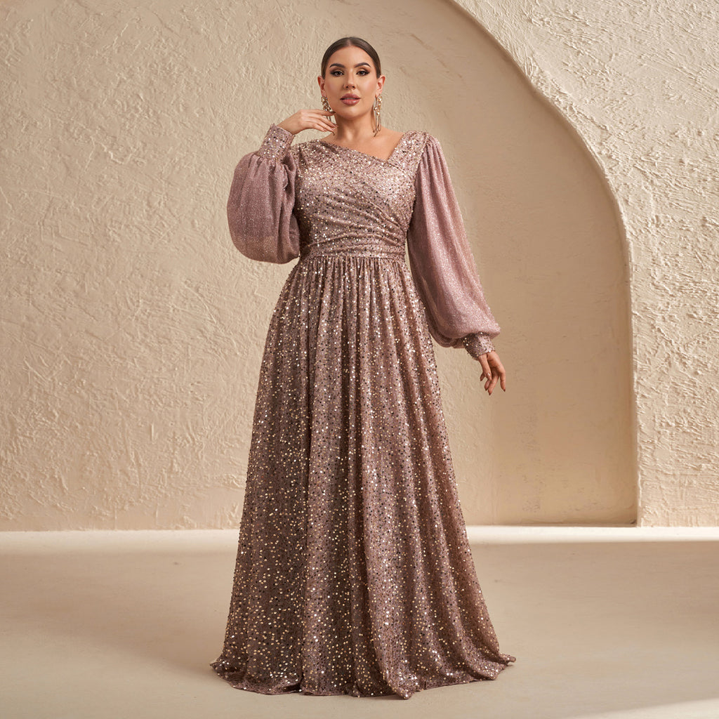 Luxury Rose Gold Sequin Puff-Sleeve Evening Dress SF605 – Sharon Said