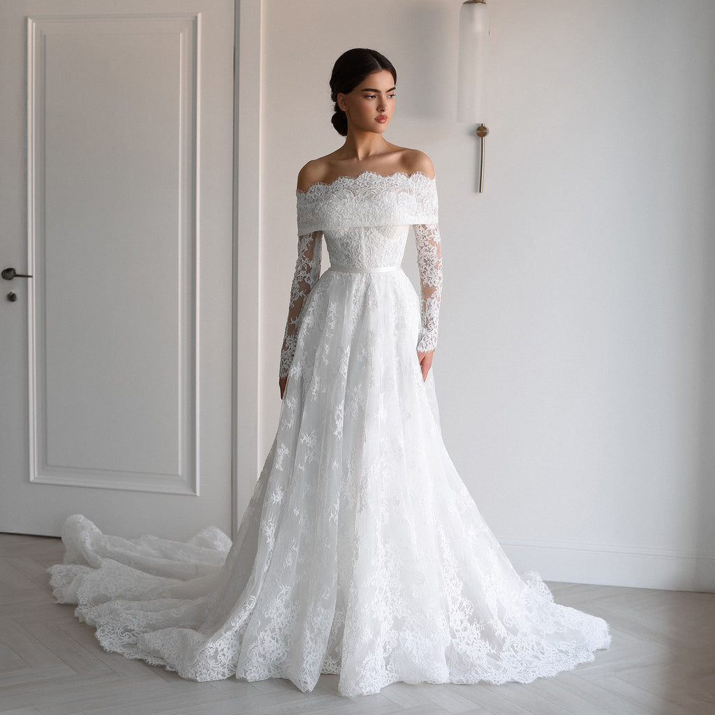 Elegant Off Shoulder Printed A-Line Lace Wedding Dress SW527 – Sharon Said