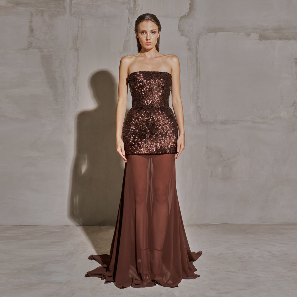 Luxury Brown Sequin Strapless Sheer Panel Evening Dress SF442 – Sharon Said