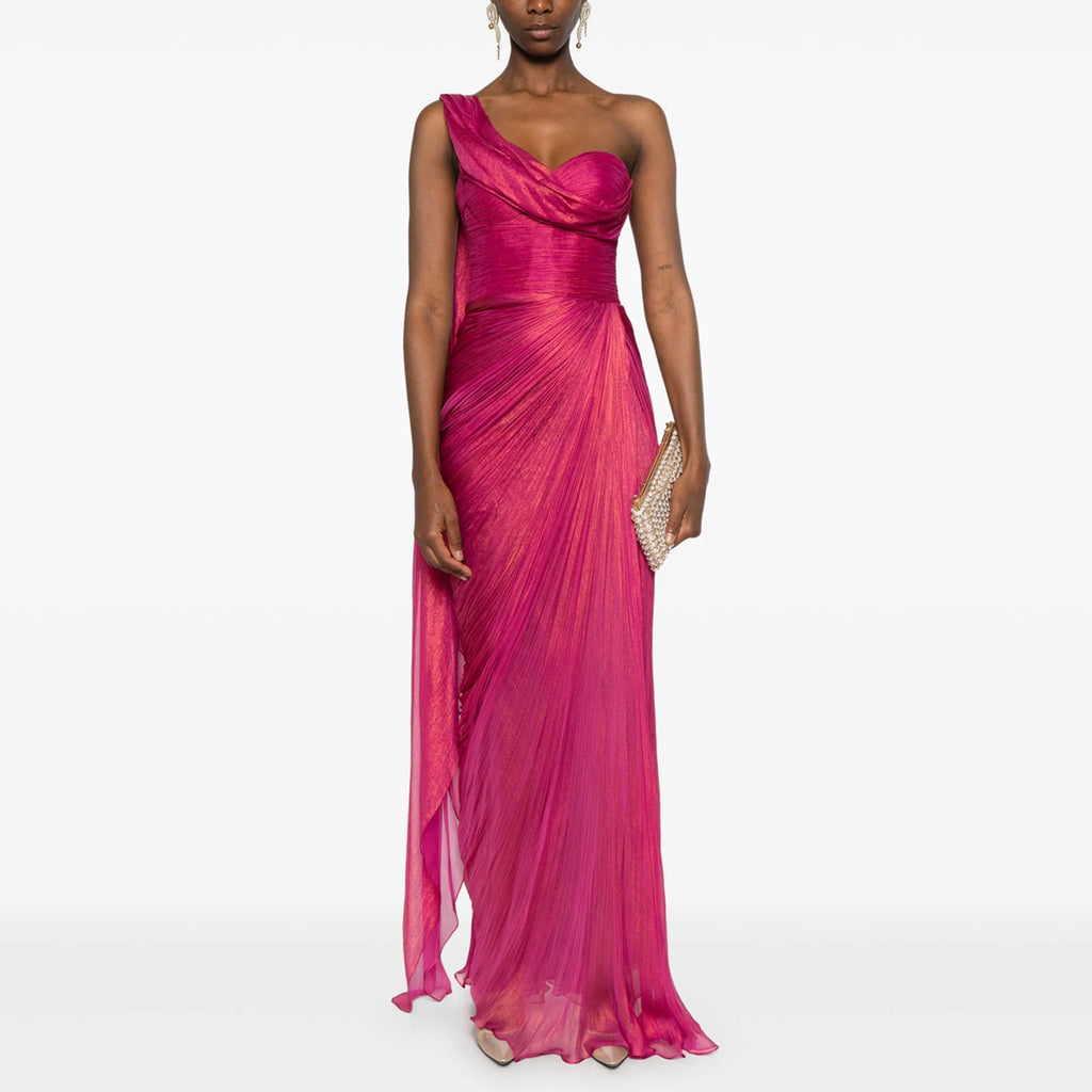 Luxury Fuchsia One Shoulder Evening Dress with Cap SF029 – Sharon Said