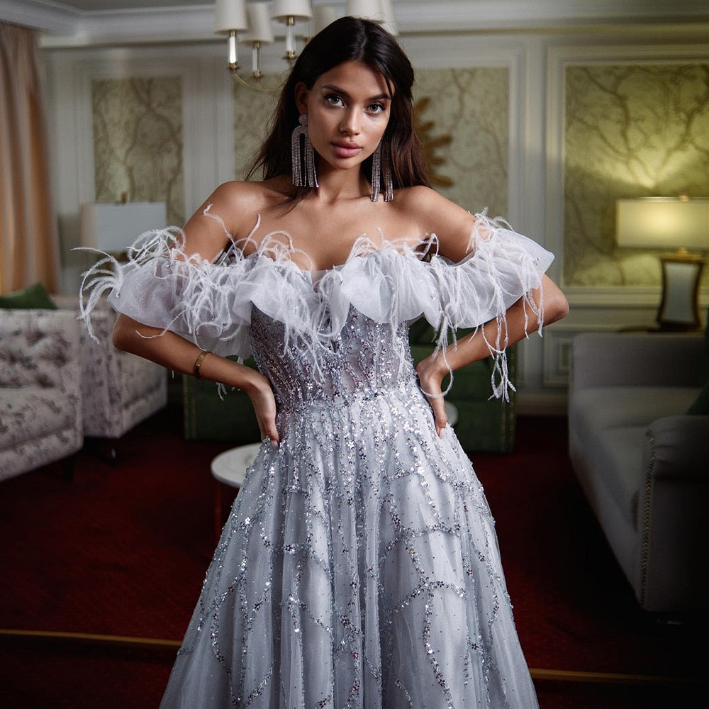 Luxury Feather Silver Beaded A-Line Evening Dress SS081 – Sharon Said