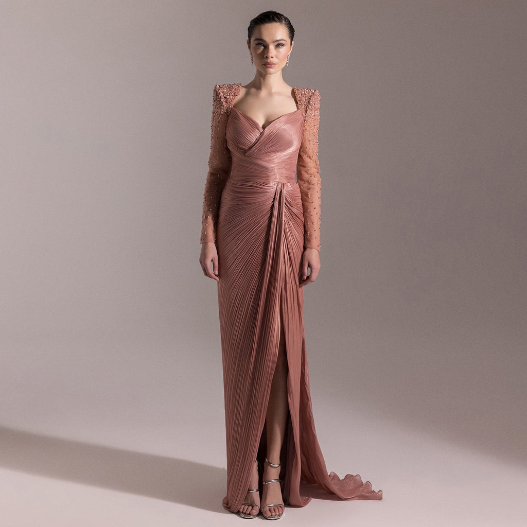 Luxury Crystal Long Sleeves Evening Dress with Overskirt and Slit SF40 ...