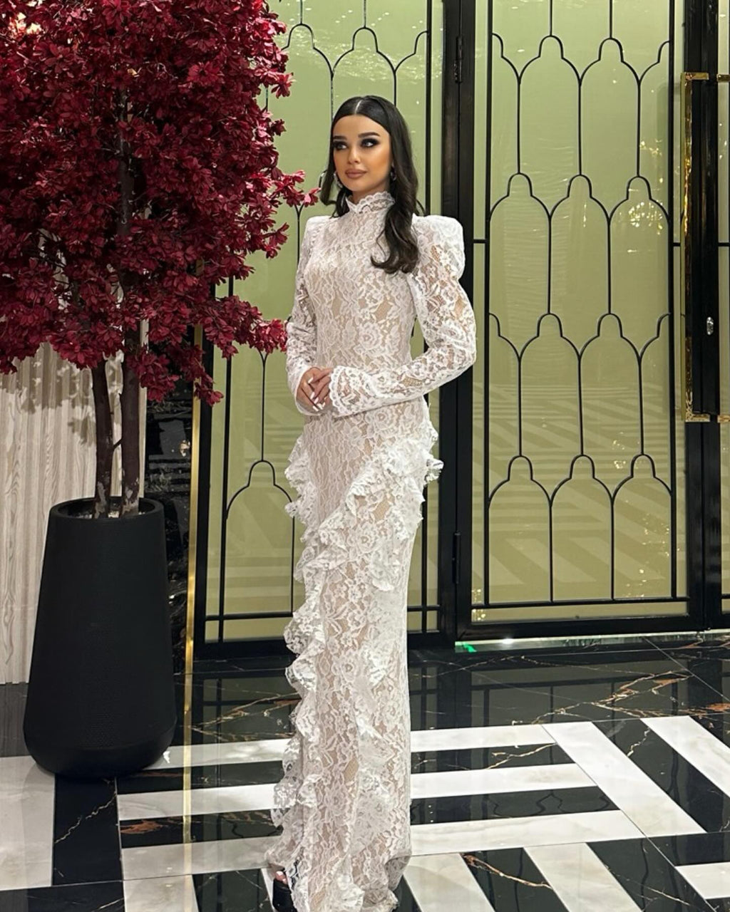 Luxury Long Sleeve White Pleats Lace Evening Dress SF463 – Sharon Said
