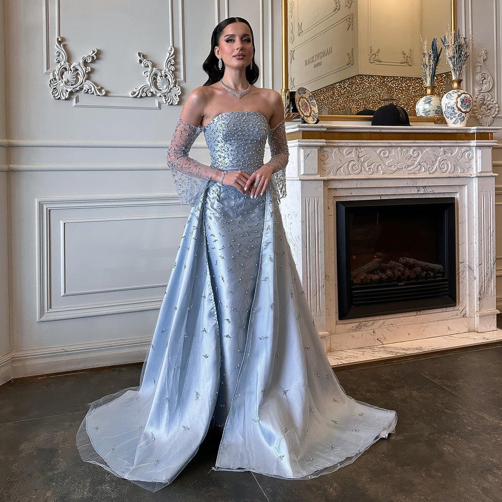 Luxury Pearls Silver Gray Long Sleeves Evening Dress with Overskirt SS ...