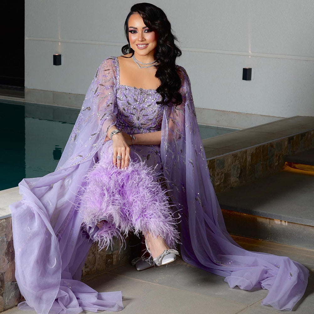 Luxury Feathers Lilac Evening Dress with Cape Sleeves SS381 – Sharon Said