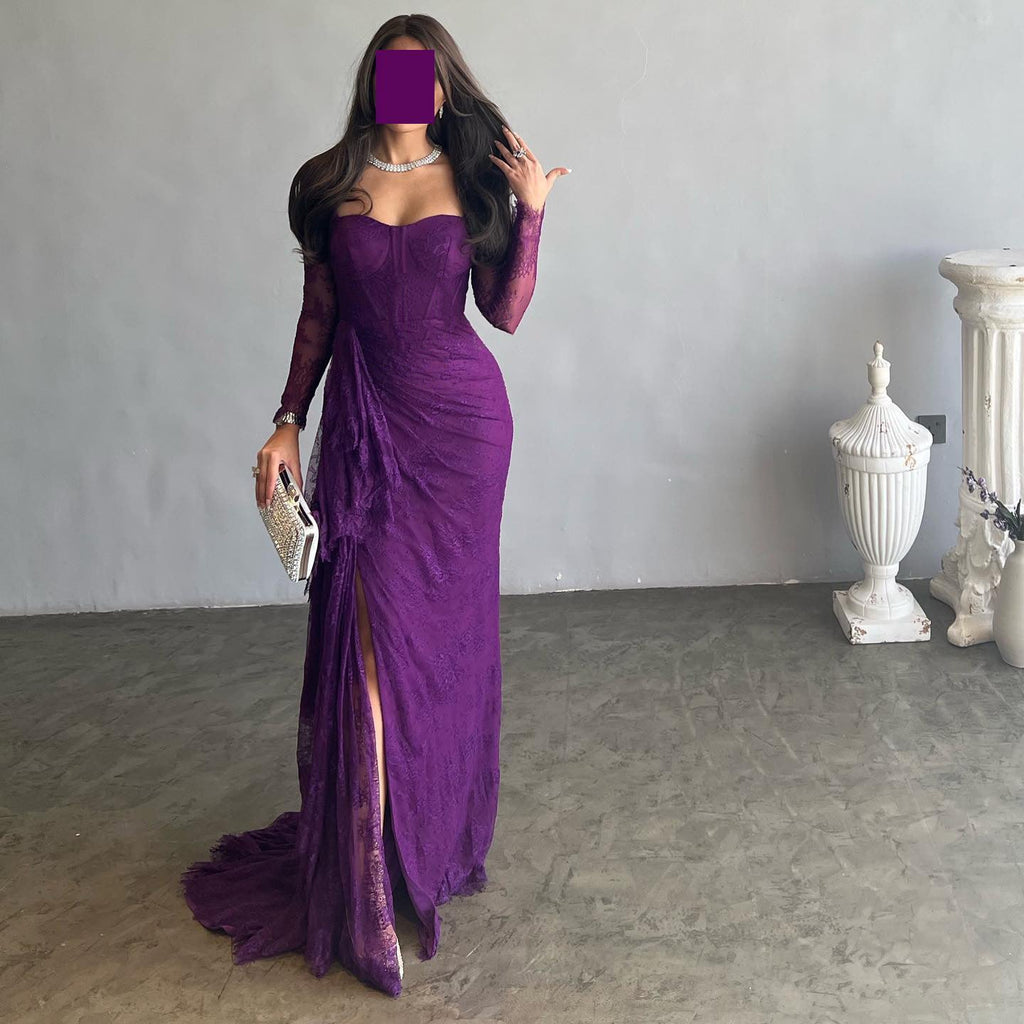 Elegant Purple Lace Long Sleeve Evening Dress SF075 – Sharon Said
