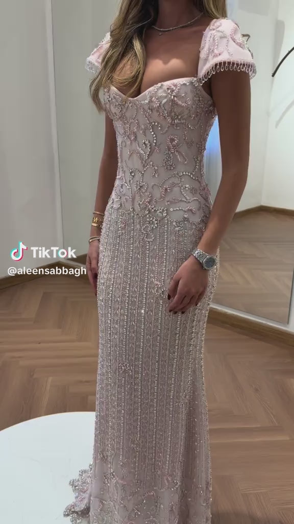 Dreamy Pink Sheer Lace Crystal Scroll Sweetheart Mermaid Evening Dress ...